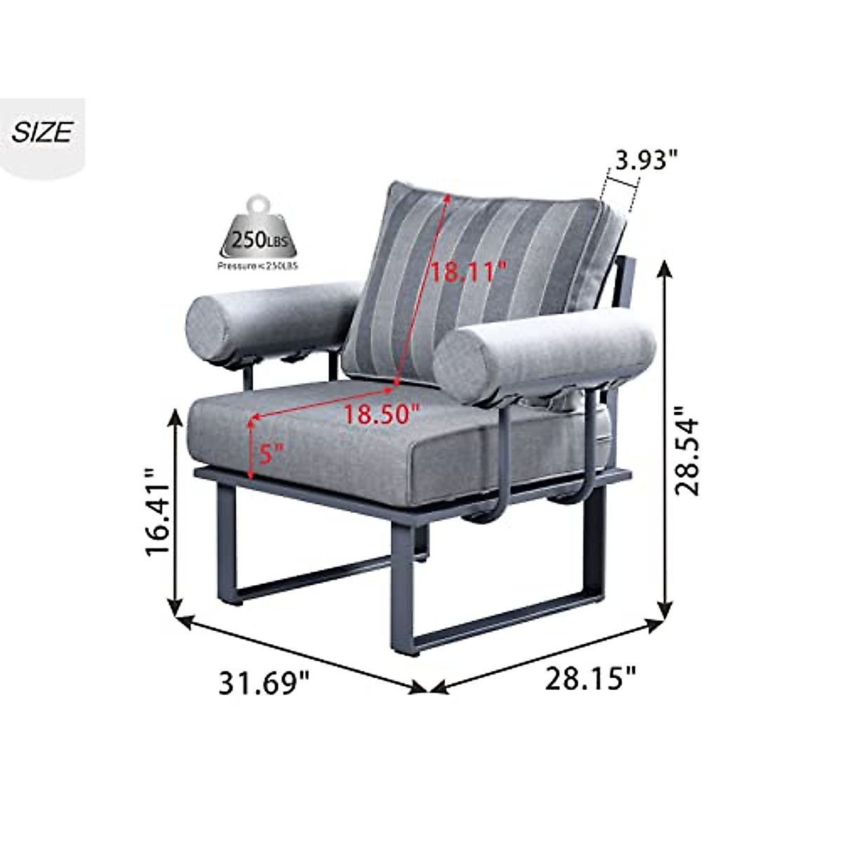 ovios Patio Dining Chairs Outdoor Chair High Back Aluminum Sofa Porch Chairs with Thick Cushion for Yard, Garden, Backyard (Black-Grey Stripe)
