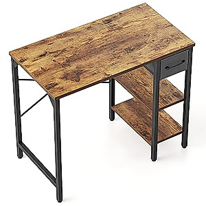 CubiCubi Computer Desk, 35 Inch Small Home Office Desk with Drawer Storage Shelves for Small Space, Writing Study Desk, Rustic Brown
