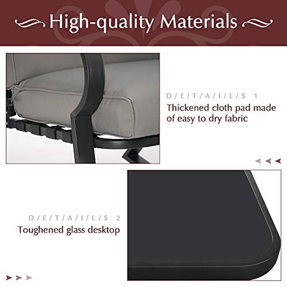 Patiomore Outdoor 3-Piece Rocking Chairs Patio Furniture Bistro Set, Black Metal Chairs and Glass-Top Coffee Table with Thick Cushions, Gray