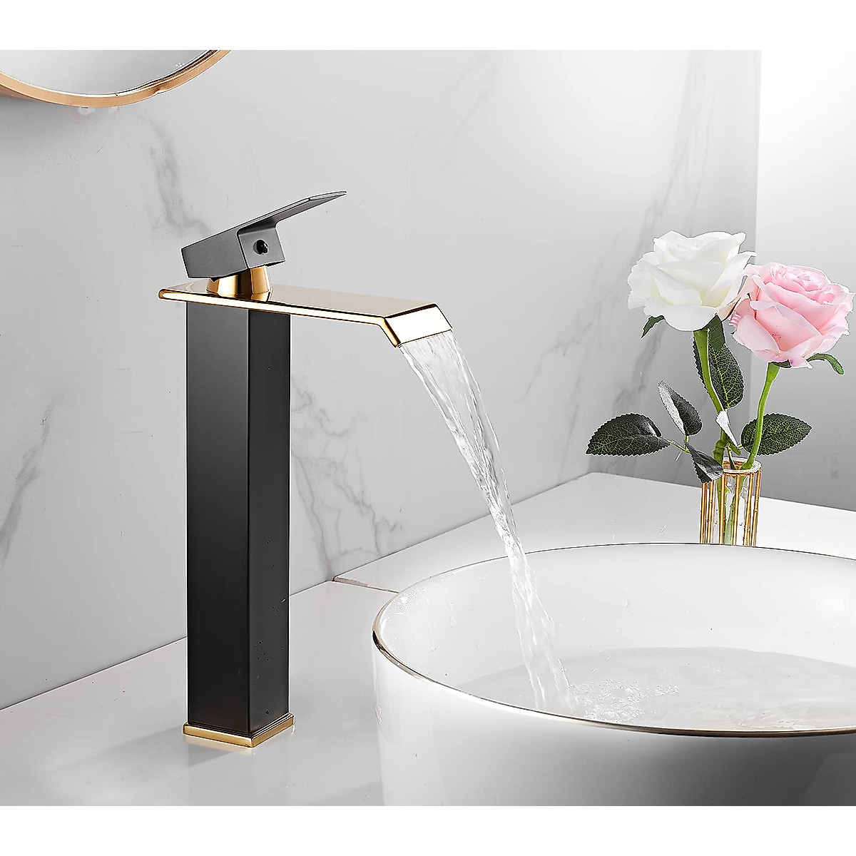 Bathroom Vessel Faucet Black Gold Waterfall One Hole Bowl Sink Faucet Bathroom Faucets Tall Single Handle Bath Vanity Lavatory Deck Mount Supply Lines Hose Commercial