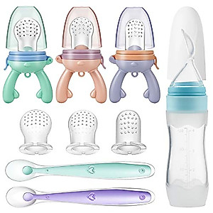 PandaEar Baby Fresh Fruit Food Feeder Pacifier Teether (3 Pack) |Food Dispensing Spoon (1 Pack)| Food Grade Soft Safe BPA-Free Silicone Pouches (3 Extra)|Soft Spoons (2 Pack)