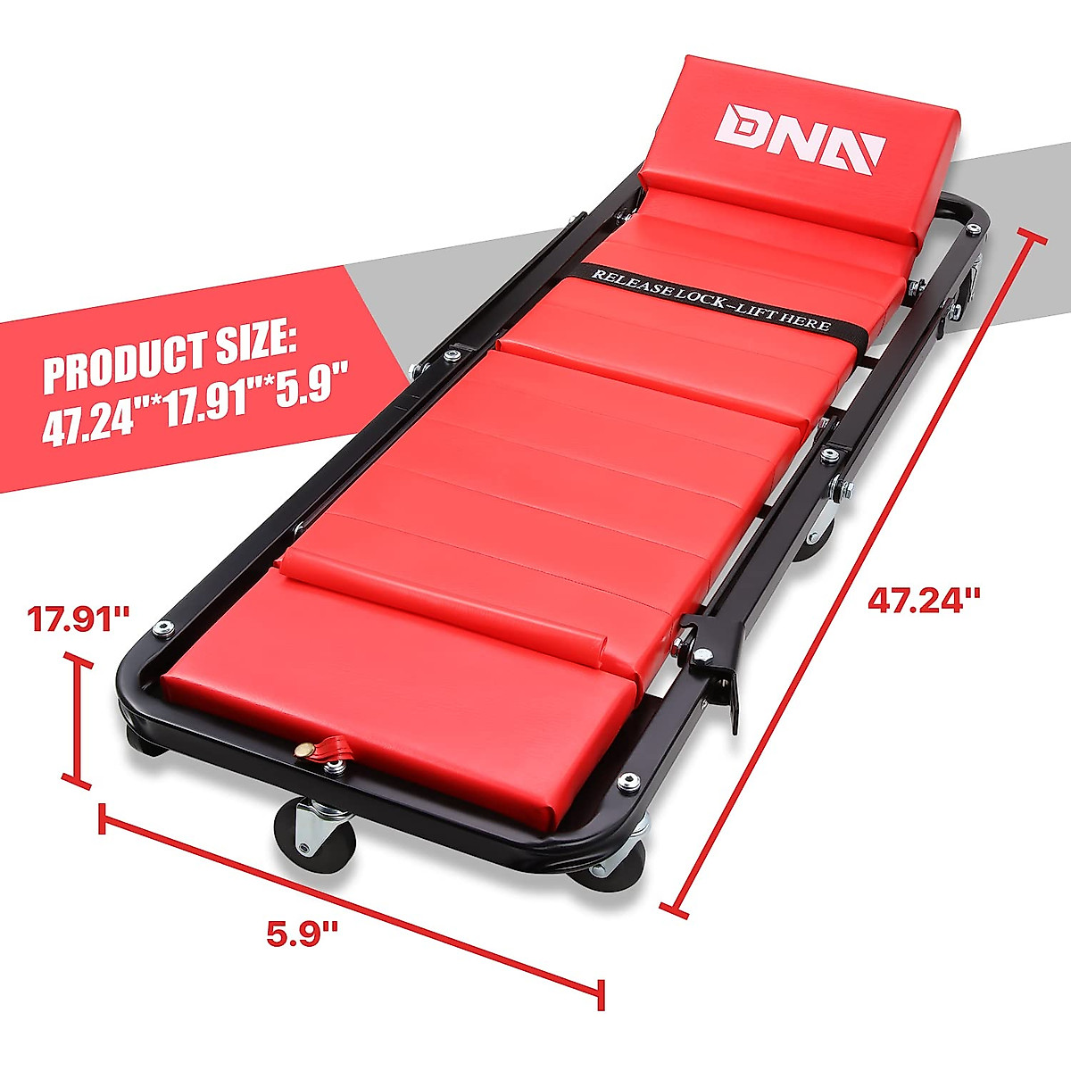 DNA Motoring TOOLS-00192 48" 2 IN 1 Folding Rolling Garage Shop Creeper Roller Seat, 7 Pcs 2" Casters, 350 Lbs Weight Capacity, Red