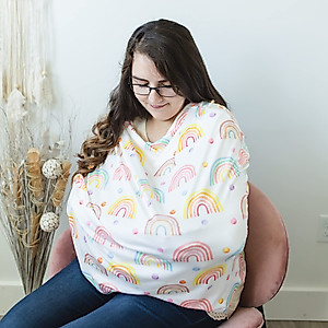 Bundled Joy Baby Gifts - Baby Car Seat Cover Canopy Breastfeeding Nursing Cover Infinity Scarf Stretchy Soft Boys Girls Gender Neutral (Rainbow White)