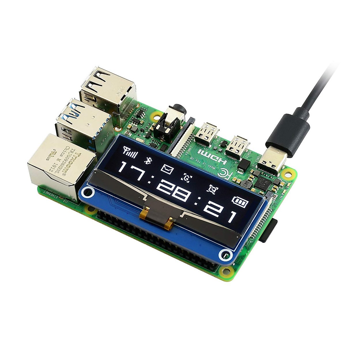 waveshare 2.23inch OLED Display HAT for Raspberry Pi 128×32 Pixels with Embedded 1305 Driver Communicating via SPI or I2C Interface.