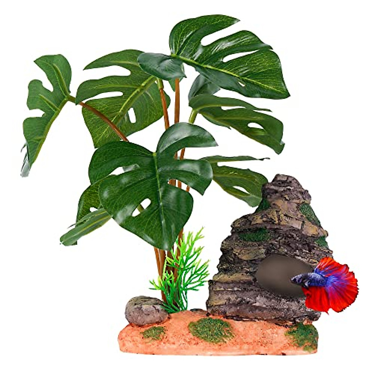 Ameliade Aquarium Cave Decorations and Leaf Pad Hammocks for Betta Fish Ideal Fish Tank Plants Hideout Decor for Cichlid Perfect Betta Toys and Small Fish Bowl Accessories Monstera
