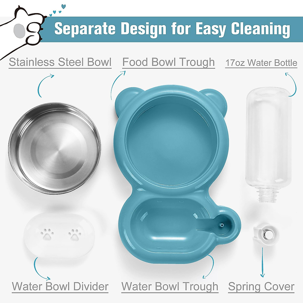 Dog Bowls, Cat Food and Water Bowl Set with Water Dispenser and Stainless Steel Bowl for Cats and Small Dogs - Blue