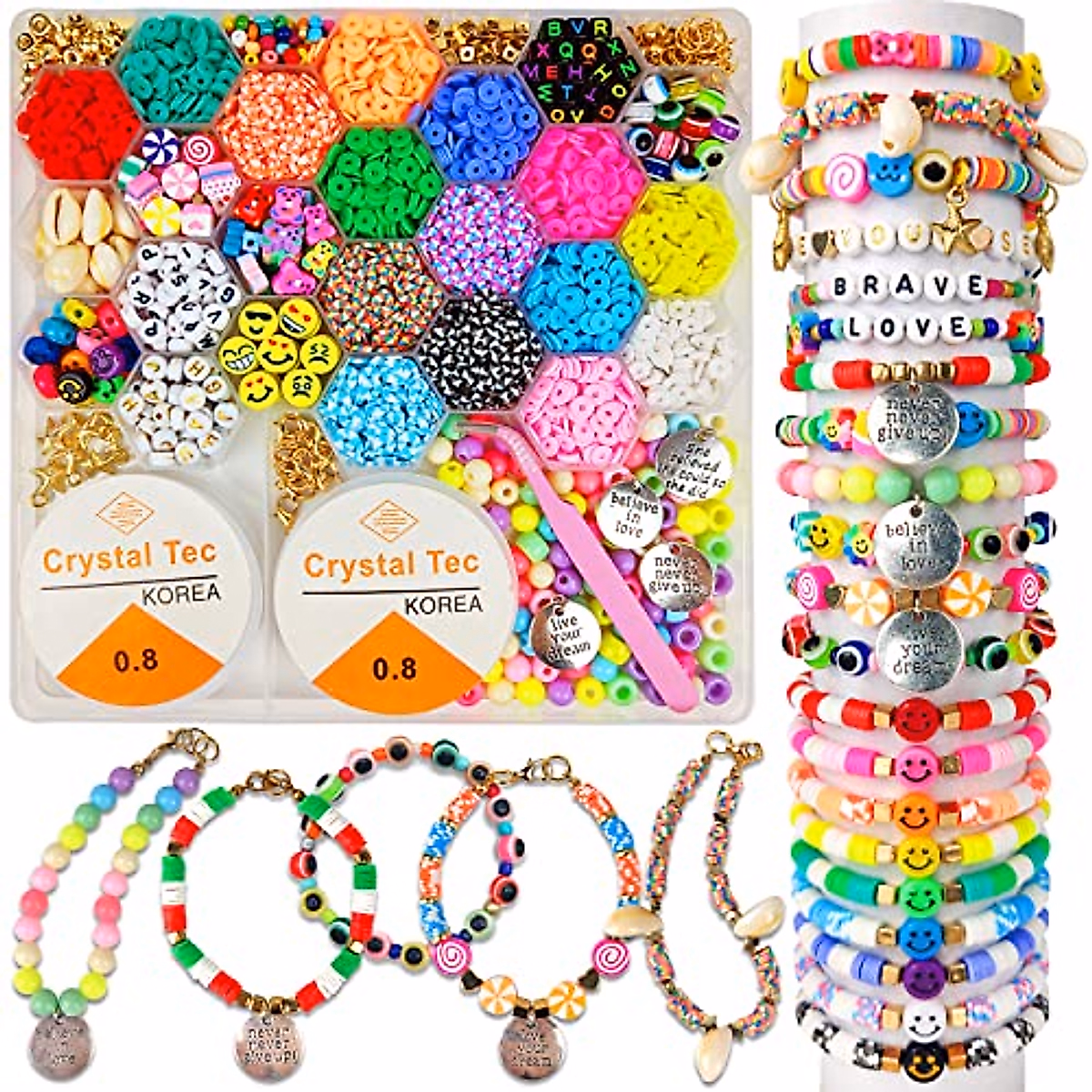 Flat Clay Beads for Jewelry Bracelet Making Kit,6mm Flat Polymer Heishi Beads DIY Arts and Crafts Kit with Smiley Face Letter Bead,Gifts Toys for Girls Age 6-12