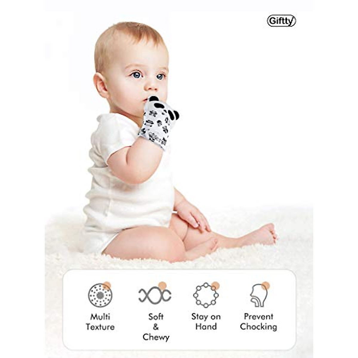 Giftty Baby Teething Mitten Panda Hand Teether Soothing Glove Wearable Teething Toy with Crinkle Sound, Multi Textured for Infants 3-12M (1 Pair)