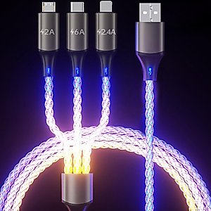 BDQQ Light Up Phone Charger Cord, Multi LED Charging Cable RGB Glowing Gradual Lighting USB C Cable Fast Charging Cable Universal 3 in 1 Charger Cable Adapter Micro USB Type-C
