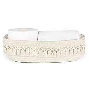 Dahey Woven Basket Macrame Storage Basket for Toilet Tank Top Boho Decor Toilet Paper Basket for Bathroom Organizing, Toilet Tank Tray for Counter Table Bedroom Living Room Nursery, White