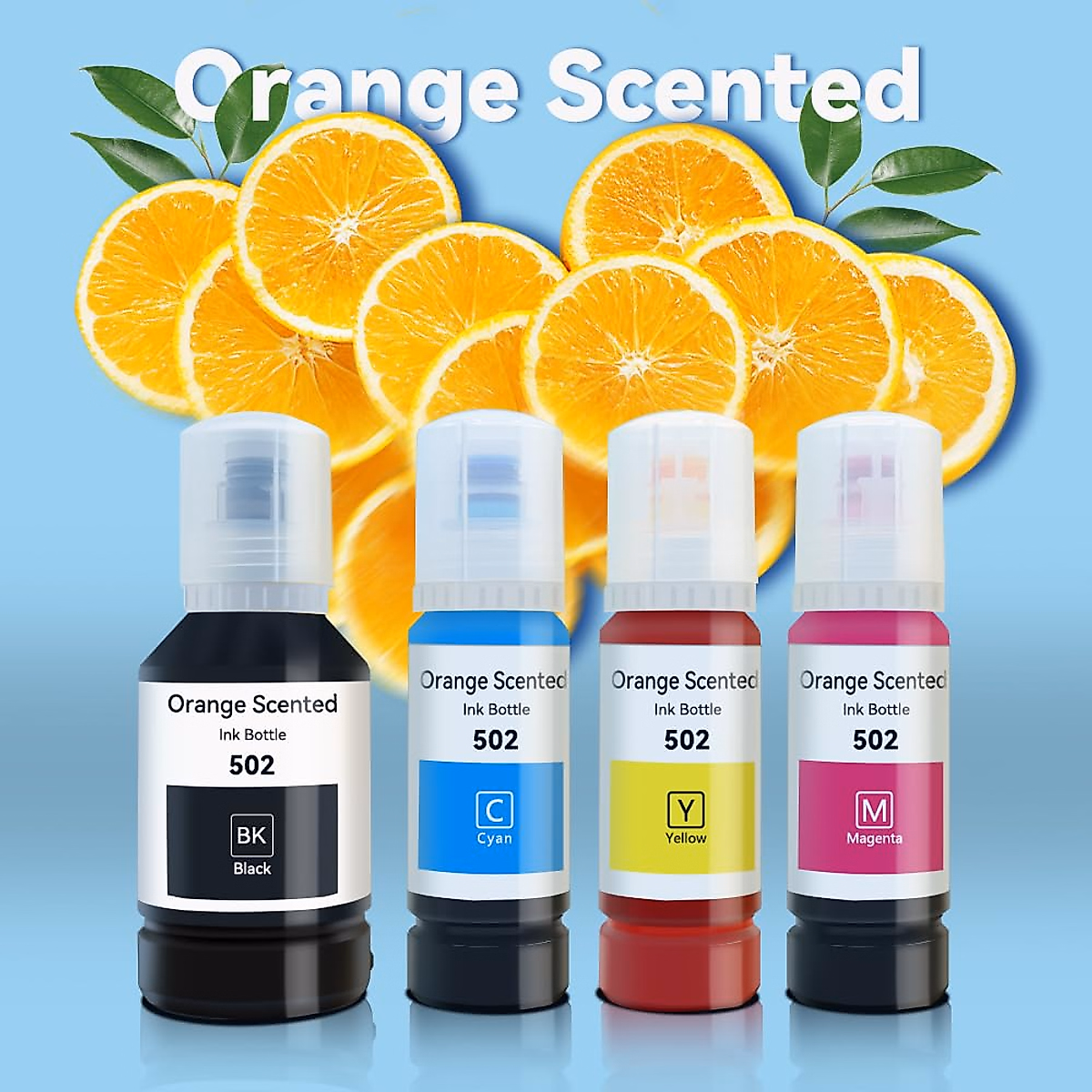 Bwen Orange Scented Ink Refill Bottles Compatible for 502（4-Pack）(BK/C/M/Y) fit for Epson 502 Ink Bottle Replacement fit for ET-2850 ET-3830 ET-3850 ET-2760 ET-3760 ET-15000 (Not OEM Ink)