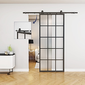 BARNSMITH 36in x 84in Frosted Glass Barn Door with 6.6FT Top Mounted Hardware kit Soft Close Mechanism DIY 15 Lites Tempered Modern Aluminum Sliding Glass Door Slab Disassembled Easy Installation