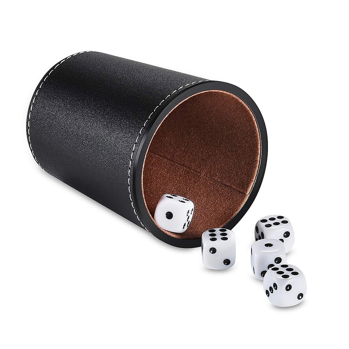 ImnBest Leather Dice Cup Set, 5 Black Leather Dice Cups + 25 Dice + Exclusive Storage and Transport Case Made of Faux Leather with Magnetic Closure..