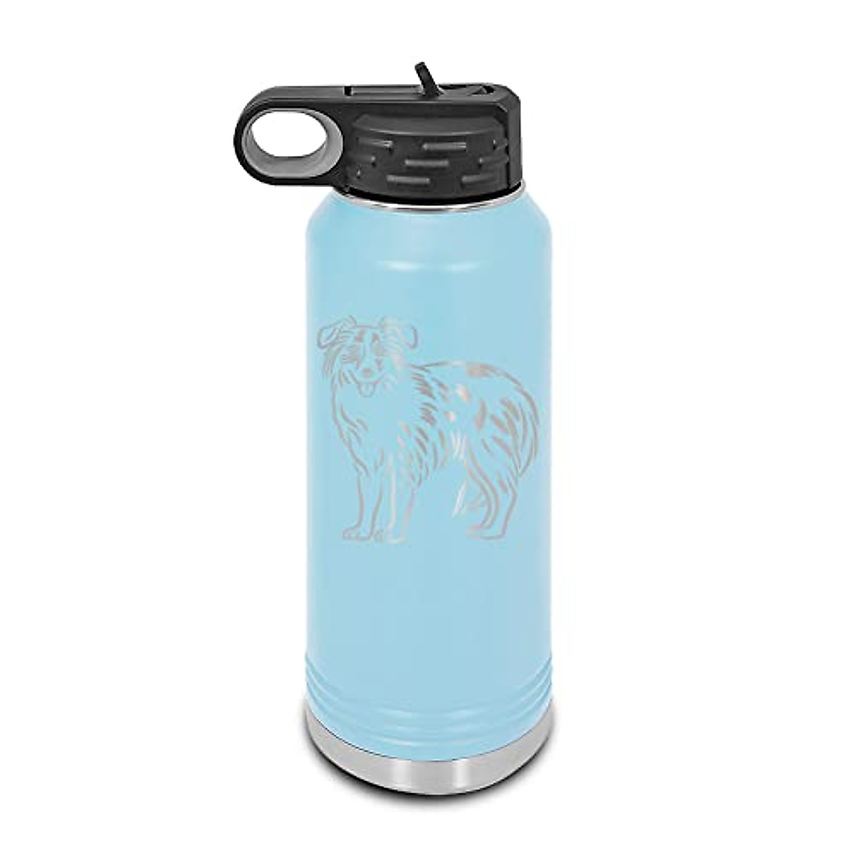 Mister Petlife Australian Shepherd Laser Engraved Water Bottle Customizable Polar Camel Stainless Steel Many Colors Sizes with Straw - Aussie Body dog canine pet - 32 oz - Light Blue