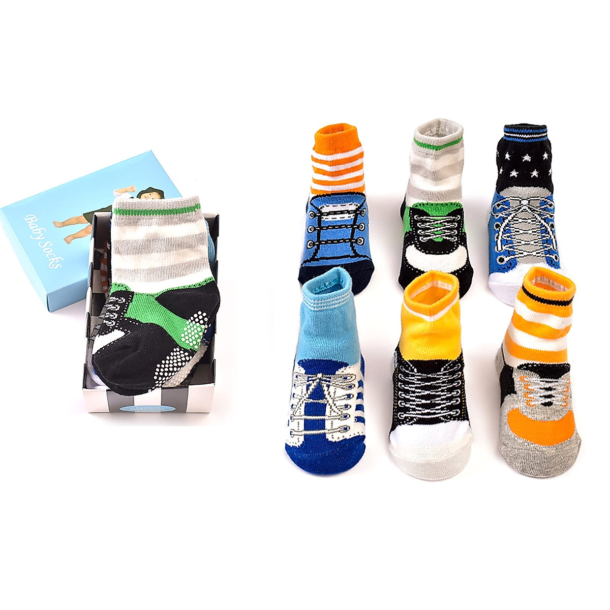 Fly love 6 Pairs Baby Socks Non-Slip Anti Slip Toddler Socks Grips for Baby Boys Girls Ankle Crew Cotton Socks With Gift Box (Style A)