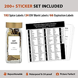 AYOUSIN 24 Spice Jars with Labels - 4oz Glass Spice Jars with Shaker Lids, 192 Spice Labels, 24 DIY Labels & 66 Expiration Labels - Spice Containers with Gold Lids - Seasoning Jars for Spice Rack