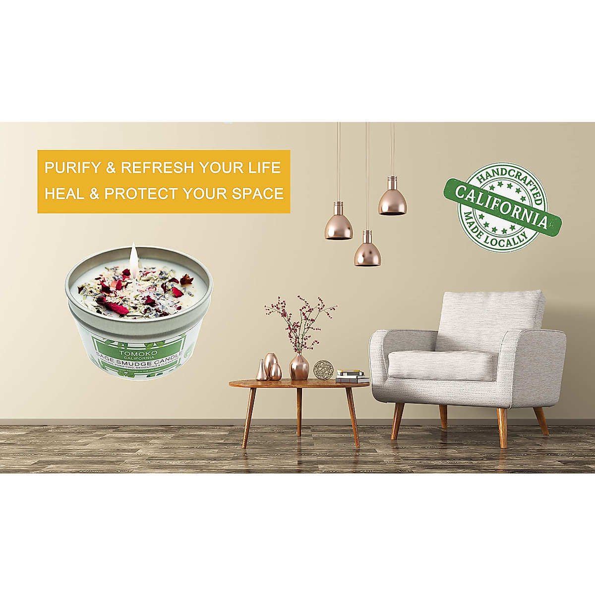 TOMOKO White Sage Candle, Sage Leaf, Rose, Lavender, Himalayan Salt & Essential Oil