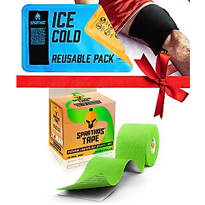 Sparthos Kinesiology Tape [Lime Green - 16.4ft Uncut Roll] x Ice Packs for Injuries [Size Medium + Cover]
