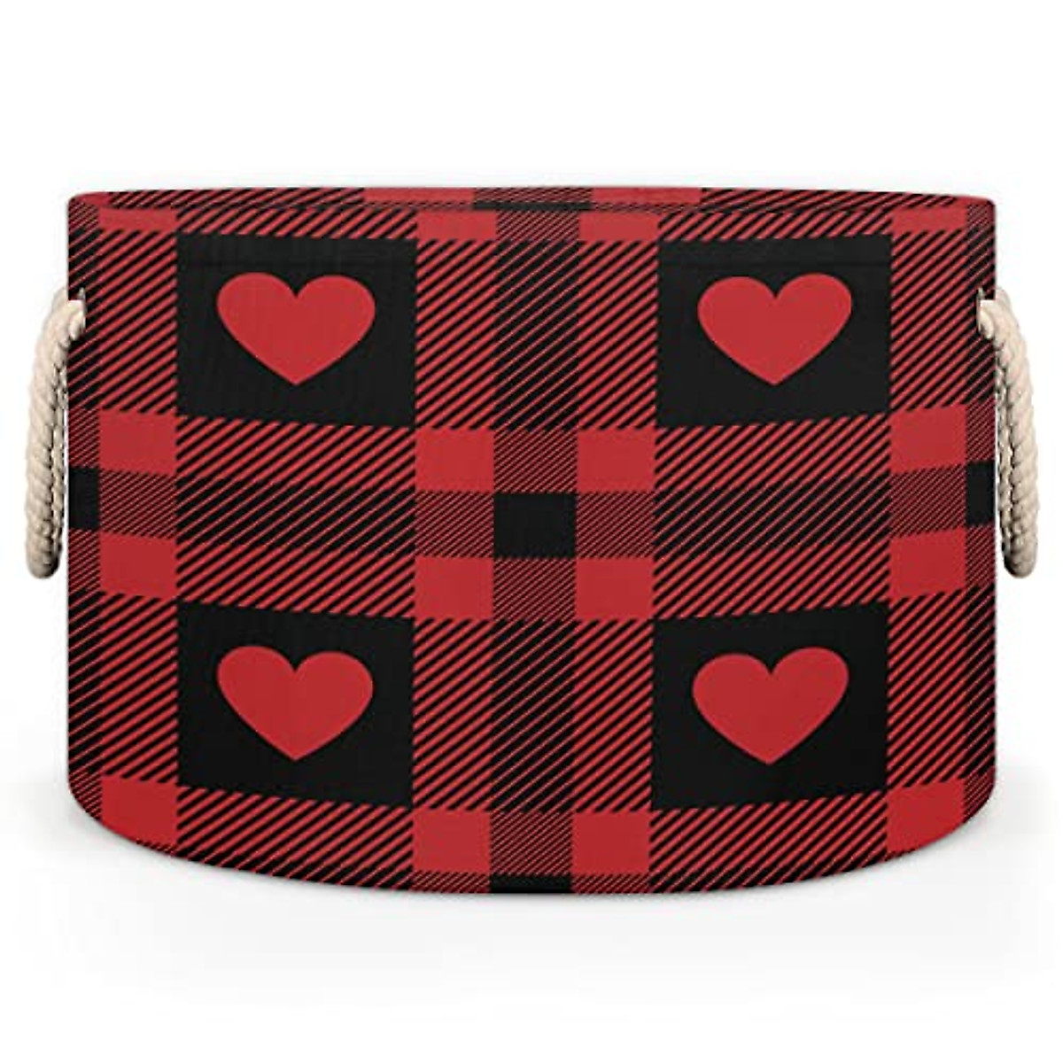 Red Check Plaid Valentine's Day Large Round Baskets for Storage Laundry Baskets with Handles Blanket Storage Basket for Bathroom Shelves Bins for Organizing Nursery Hamper Girl Boy