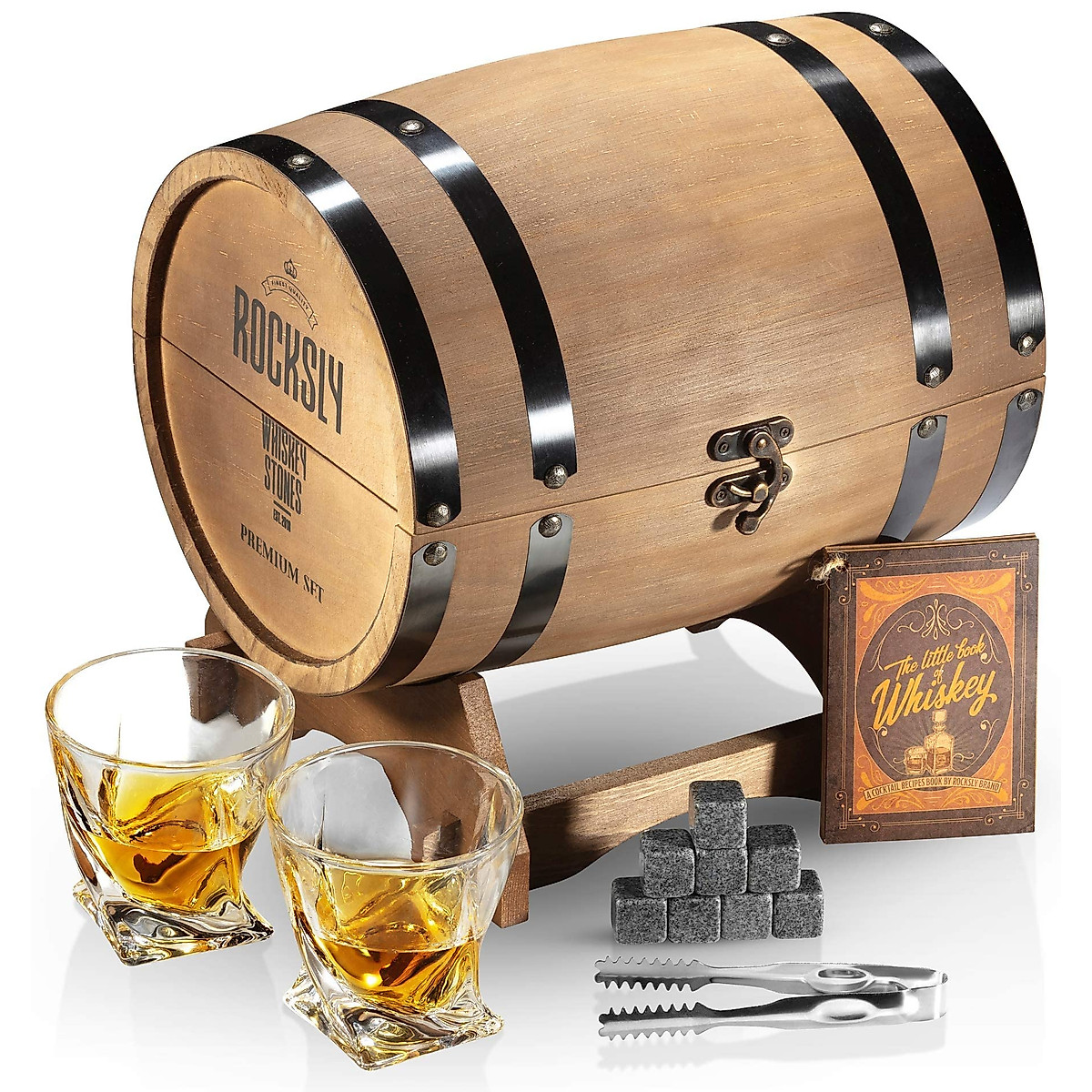 ROCKSLY Full Barrel BAR Set: Men’s Premium Whiskey Stones Gift Box, Wood Case & Stand, 2 Glasses, 8 Stones, Tongs, Carry Bag, & Cocktail Cards, 14 Pcs