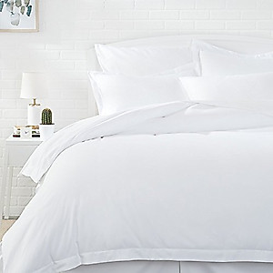 AmazonBasics Lightweight Super Soft Easy Care Microfiber Bed Sheet Set with 16" Deep Pockets - Full, Bright White & Light-Weight Microfiber Duvet Cover Set with Snap Buttons - Full/Queen, Bright White