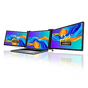 Asixxsix Triple Portable Monitor, Rotating 15.4 Inch FHD 1080P IPS Laptop Monitor Screen Extender Reverse Charge Plug and Play Foldable Dual Display with 4 USB 2 HDMI for 15.6to 17.3