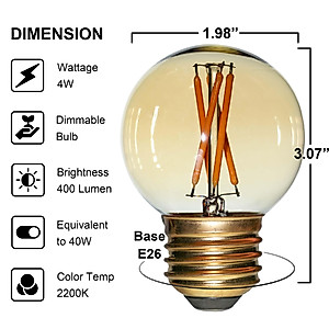 FANNIS Vintage Dimmable LED Bulbs, G50 G16.5 Edison Bulb, Equivalent 20W- 40W, Soft Warm Light 2200K, E26 Medium Base, Amber Glass LED Filament Light Bulb, Pack of 6