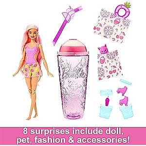 Barbie Pop Reveal Doll & Accessories, Strawberry Lemonade Scent with Pink Hair, 8 Surprises Include Slime & Squishy Puppy