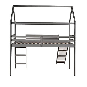 LostCat Twin Size Loft Bed with Slide, House Shaped Solid Pine Wood Bed Frame with Safety Guardrail & Ladder, No Box Spring Needed, Save Space Design for Kids, Teens, Girls, Boys, Grey