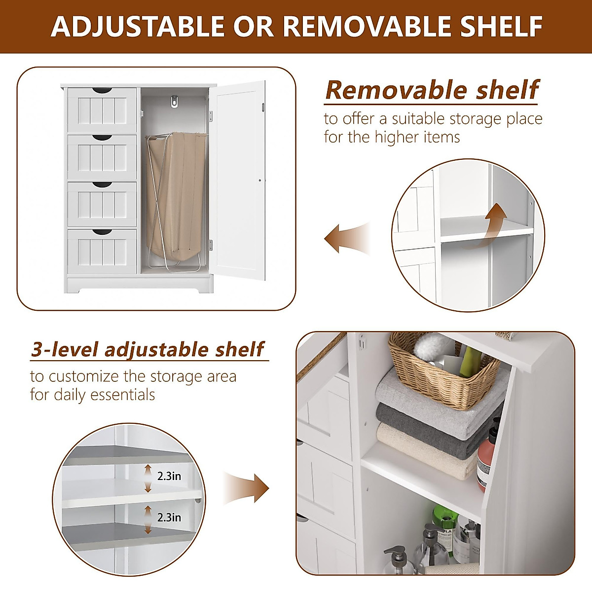 MUPATER Small Storage Cabinet Organizer with 4 Drawers and 1 Cupboard, Freestanding Compact Floor Towel Cabinet for Bathroom and Entryway, White