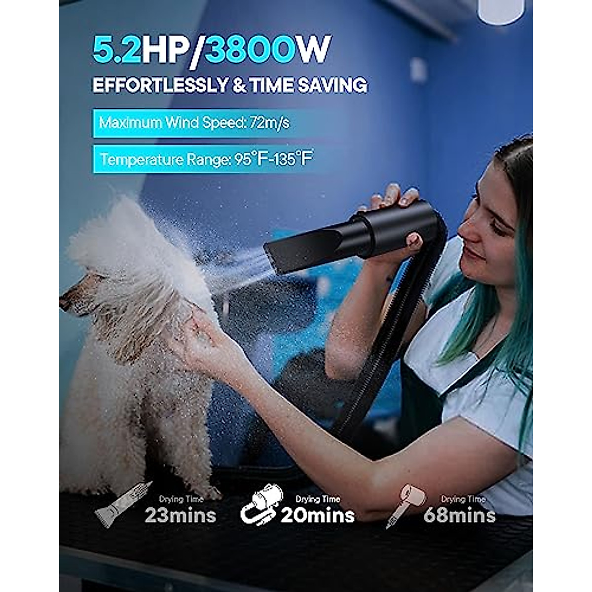 EGFKI Dog Dryer, 5.2HP/ 3800W Pet Grooming High Velocity Force Blower with 4 Nozzles, Adjustable Speed and Temperature Dog Hair Dryers for Grooming