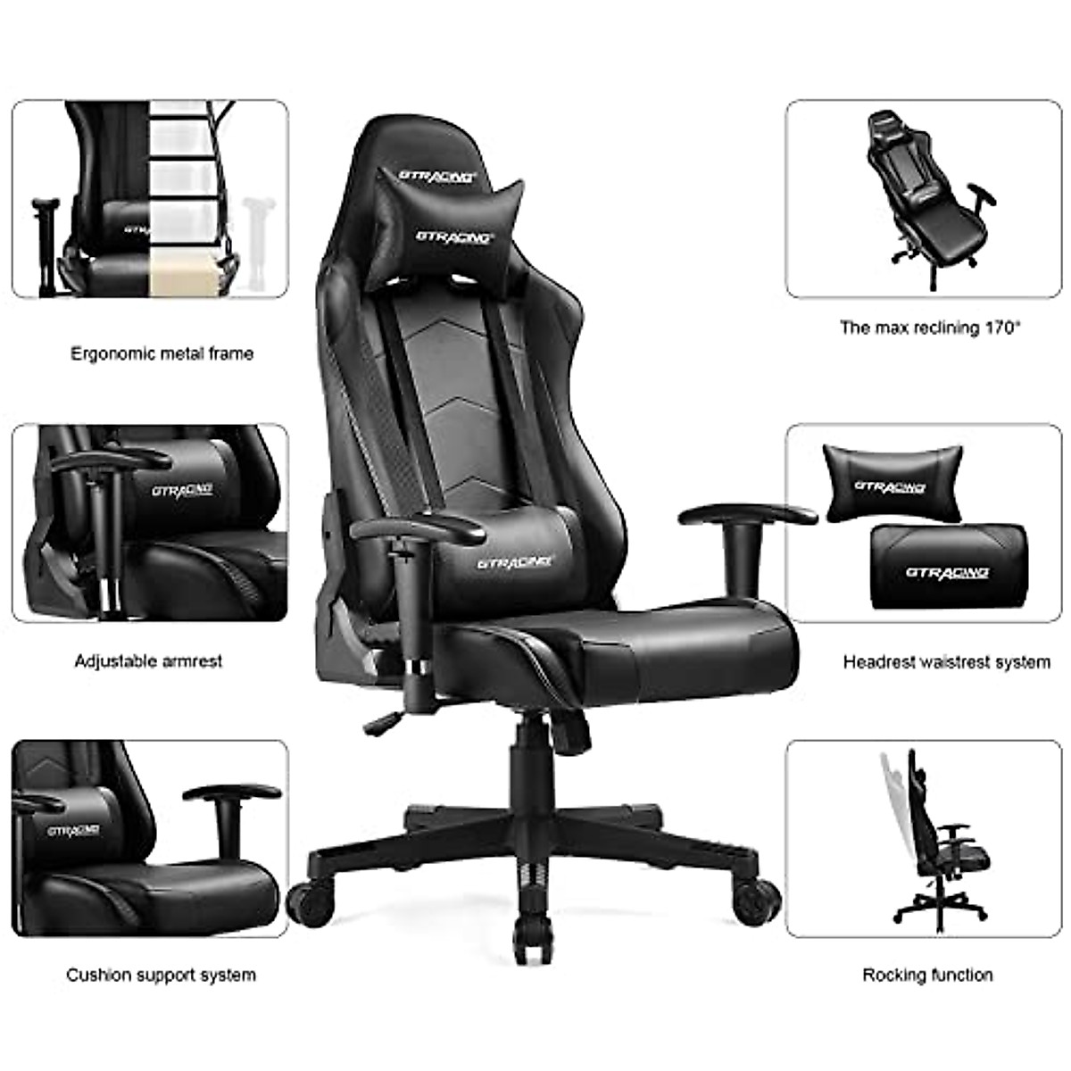 GTRACING Gaming Chair Racing Office Computer Ergonomic Video Game Chair Backrest and Seat Height Adjustable Swivel Recliner with Headrest and Lumbar Pillow Esports Chair,Black