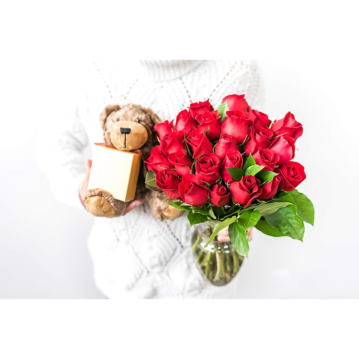 DELIVERY BY FRIDAY, 8/2 GUARANTEED IF ORDER PLACED BY 8/1 BEFORE 2PM EST From You Flowers - Two Dozen Long Stemmed Red Roses with Chocolates & Bear with Glass Vase (Fresh Flowers) Birthday,