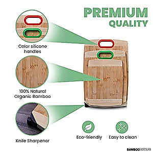 Bamboo Voyage Cutting Board Set of 3, 100% Natural Organic Bamboo, Knife Sharpener, Easy Hang Dry with color Silicone handles, Premium and Sturdy Chopping Boards for Vegetables, Meat and Cheese