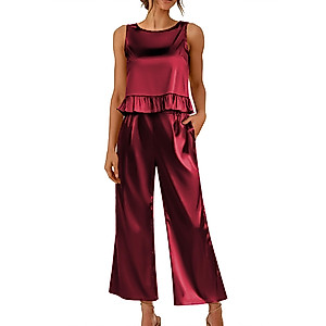 Ekouaer Silky Pajama Set for Women Silk Shirt with Long Pantt Two Piece Loungewear Crop Top and Long Pant with Pockets Wine Red