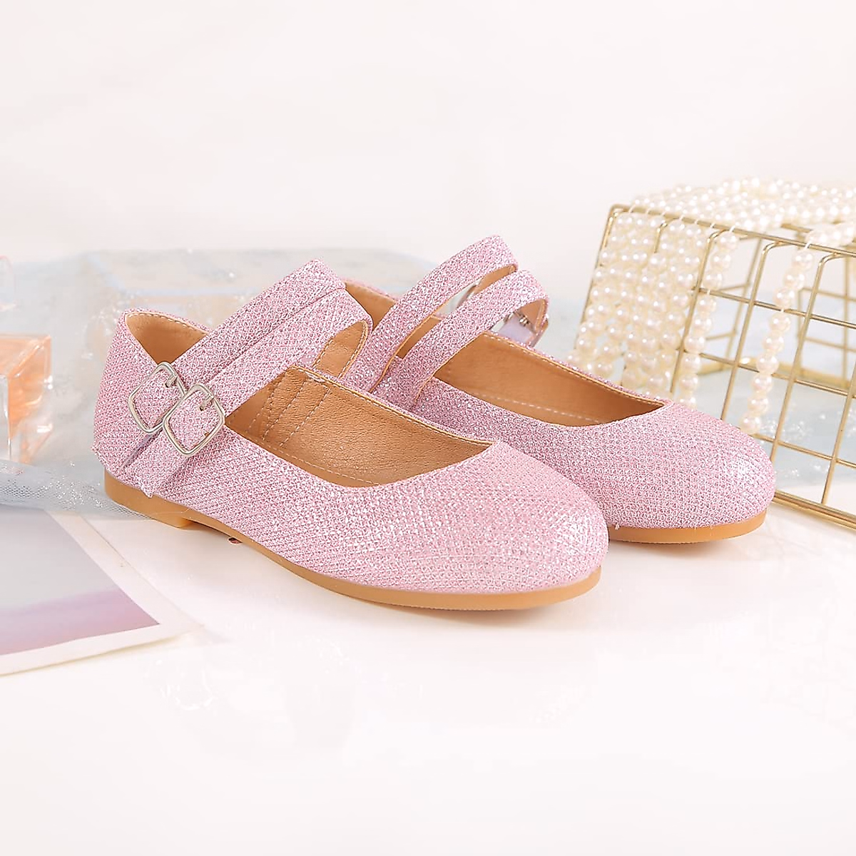 JTENGYAO Girls Pink Sequin Ballet Shoes Mary Jane Flat Shoes for Girls Ballerina Flats Dress Shoes for Party Wedding School Size 1