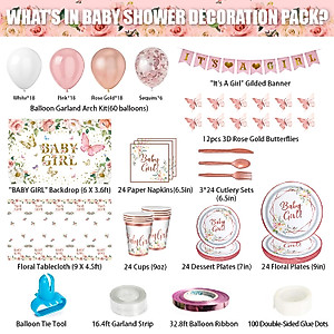 Baby Shower Decorations for Girl, 247PCS Floral Girl Baby Shower Decorations Party Supplies with Background, Disposable Tableware (24 Guests), "It's A Girl" Banner, Butterfly Balloon Kit &Tablecloth
