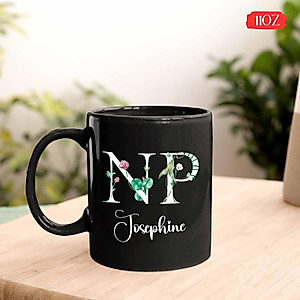 NP Coffee Mug, Personalized Nurse Practitioner Gift, Custom Nurse's Name Mug, Gift for Medical Student Nursing School, NP Mug, Alphabet Letter Monogram Flower NP Tea Cup, Black Mug 11oz, 15oz