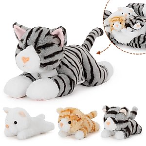 Muiteiur 4 Piece Cat Plush Set, Mom Cat Stuffed Animal with 3 Baby Stuffed Kittens in Zipper Pouch, Cute Stuffed Cat for Kids Girls Boys, Great Gift for Valentines Birthday (Grey,15.7inch)
