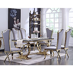 ACEDÉCOR Dining Room Chairs, Gray Velvet Upholstered Dining Chairs, Modern Dining Chairs with Gold Legs, Streamlined Back and Mirror X-Shaped Metal Legs, Gray high-Back Dining Chairs Set of 6