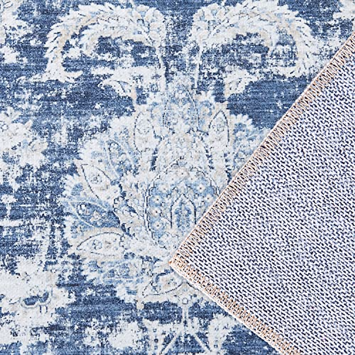 jinchan Area Rug 8x10 Persian Rug Washable Boho Living Room Rug Floral Print Large Rug Indoor Soft Distressed Foldable Carpet Thin Rug Bedroom Dining Room Office Farmhouse Dark Blue