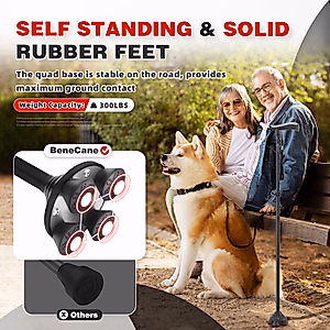 BeneCane Walking Cane for Men & Women Walking Stick for Seniors Folding Canes Quad Cane Adjustable Lightweight Sturdy Collapsible Heavy Duty with Soft TPR T-Handle and Travel Bag