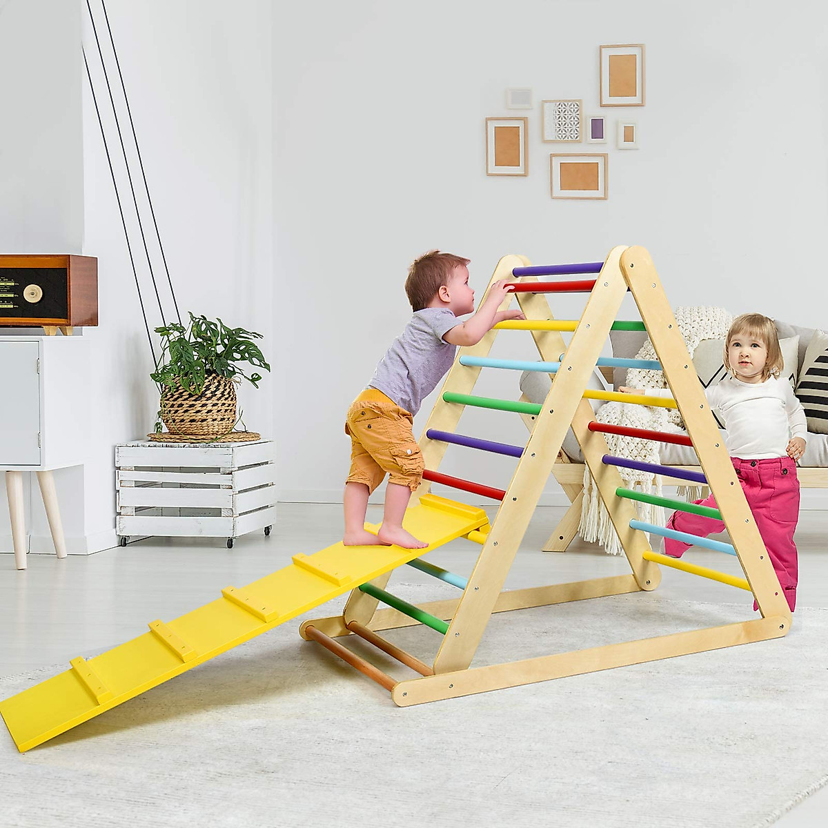 HONEY JOY Triangle Climber with Ramp, 2-in-1 Indoor Toddler Climbing Triangle Set with Ladder & Slide, Foldable Wooden Kids Climbing Toys for Playground, Gym & Daycare, Gift for Boys Girls (Colorful)