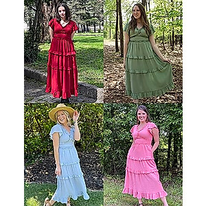 MEROKEETY Womens Summer Casual V Neck Ruffle Sleeve High Waist Smocked Flowy Midi Dress, White, M