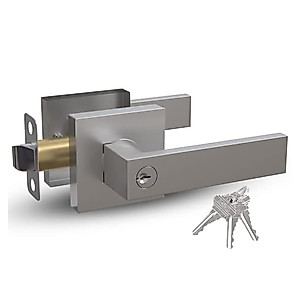 Mega Handles Entry Single I Entry Lever Door Handle and Single Cylinder Deadbolt Lock and Key Combo Pack - Heavy Duty Square Locking Lever Set for Left or Right-Handed Doors - Satin Nickel