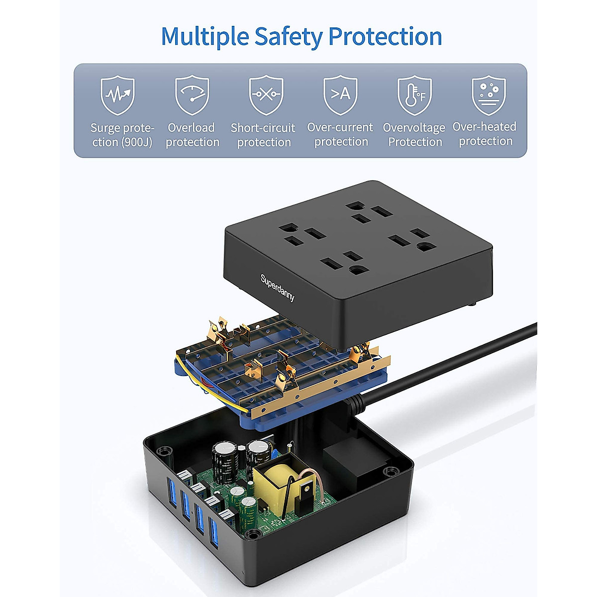Power Strip, SUPERDANNY Surge Protector, Desktop Charging Station, 4 Outlets, 4 USB Ports, 900 Joules, 5 Ft Extension Cord, Grounded, 3-Prong, Wall Mount, for Home, Office, Hotel, Dorm