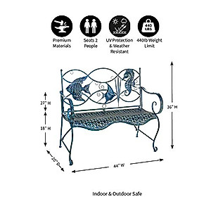 Cape Craftsmen Evergreen Weatherproof Blue Fish Coastal Outdoor Bench | Holds Up to 440 lbs | Furniture for Lawn Garden Patio Porch Park Deck | Coastal Nautical Beach Décor | Steel | Blue