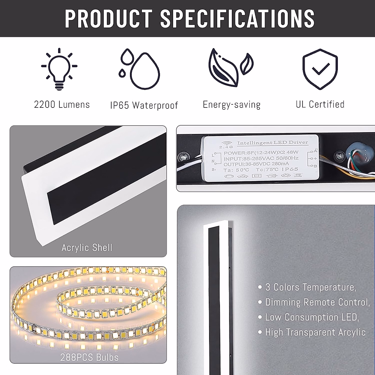 NOAHST Outdoor Long Strip Wall Light Fixtures, Modern LED Long Wall Lights & 3 Color Stepless Dimming Wall Sconce Strip with Remote Control for Bathroom, Living Room, Patio, Garage - 32 inches(Black)