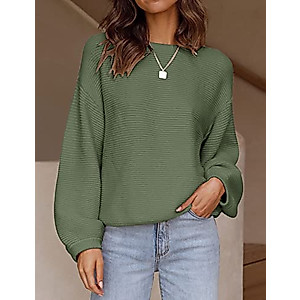 ZESICA Women's 2023 Crew Neck Long Lantern Sleeve Casual Loose Ribbed Knit Solid Soft Pullover Sweater Tops,ArmyGreen,Medium