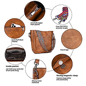 HKCLUF Crossbody Bags for Women Vegan Leather Boho Bucket Bag With 2PCS Replaceable Guitar Strap Crossbody Purse and Handbags(Brown)